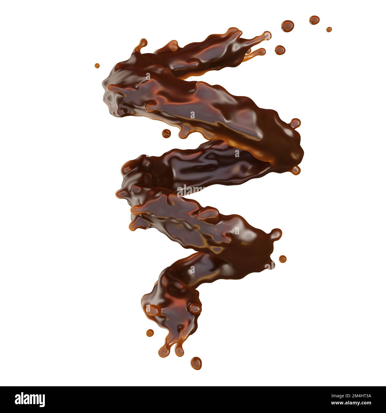 Melted liquid dark chocolate swirl splash isolated on white background. Hot melt chocolate sauce ...