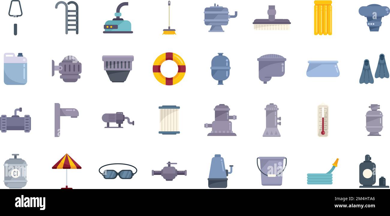 Equipment for pool icons set flat vector. Clean skimmer. Brush broom ...