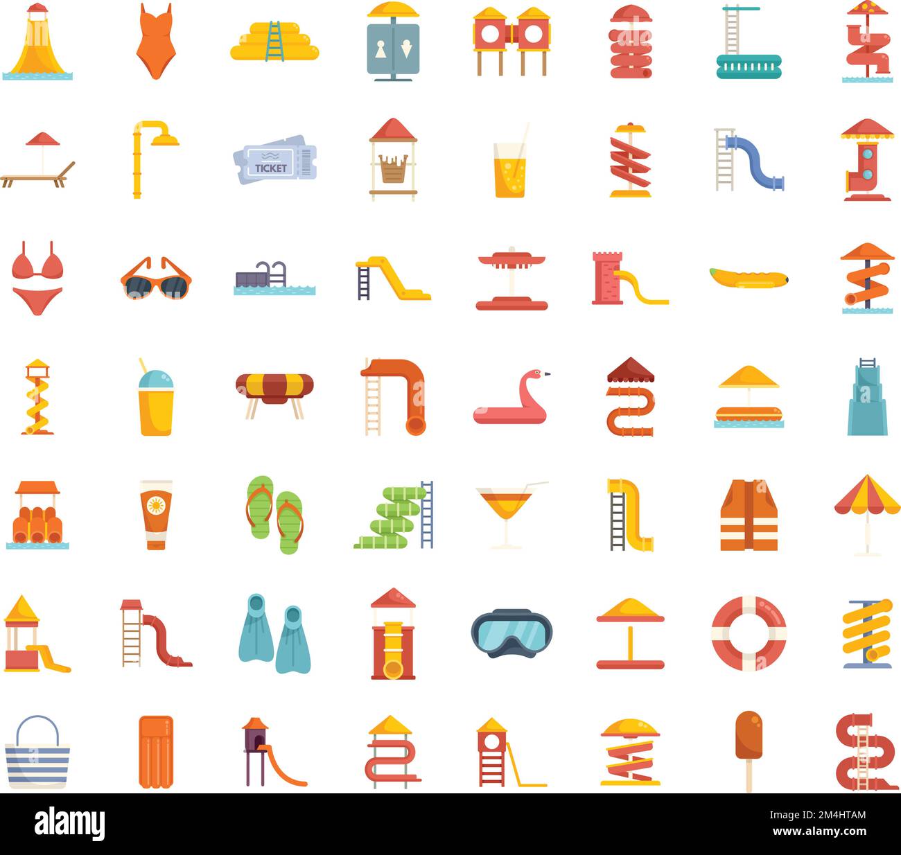 Water Park Icons Set Flat Vector Slide Pool Swim Waterpark Isolated