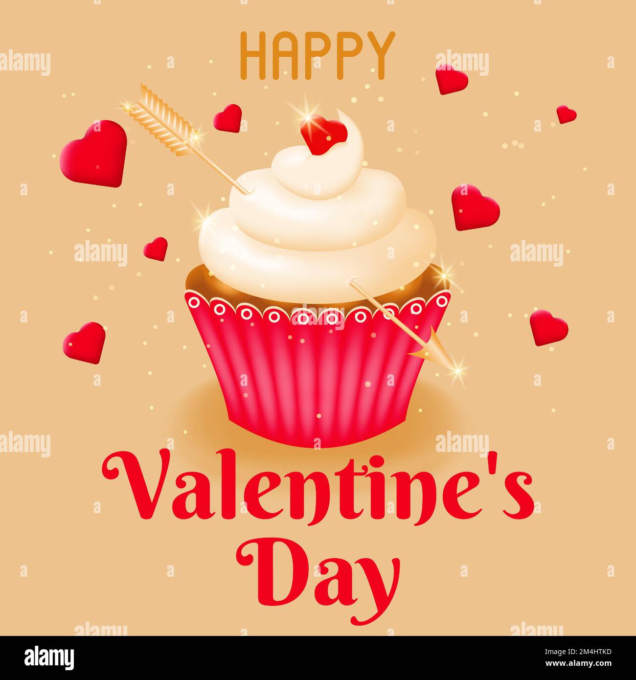 Valentine card with cupcake with cream pierced by cupid's arrow ...