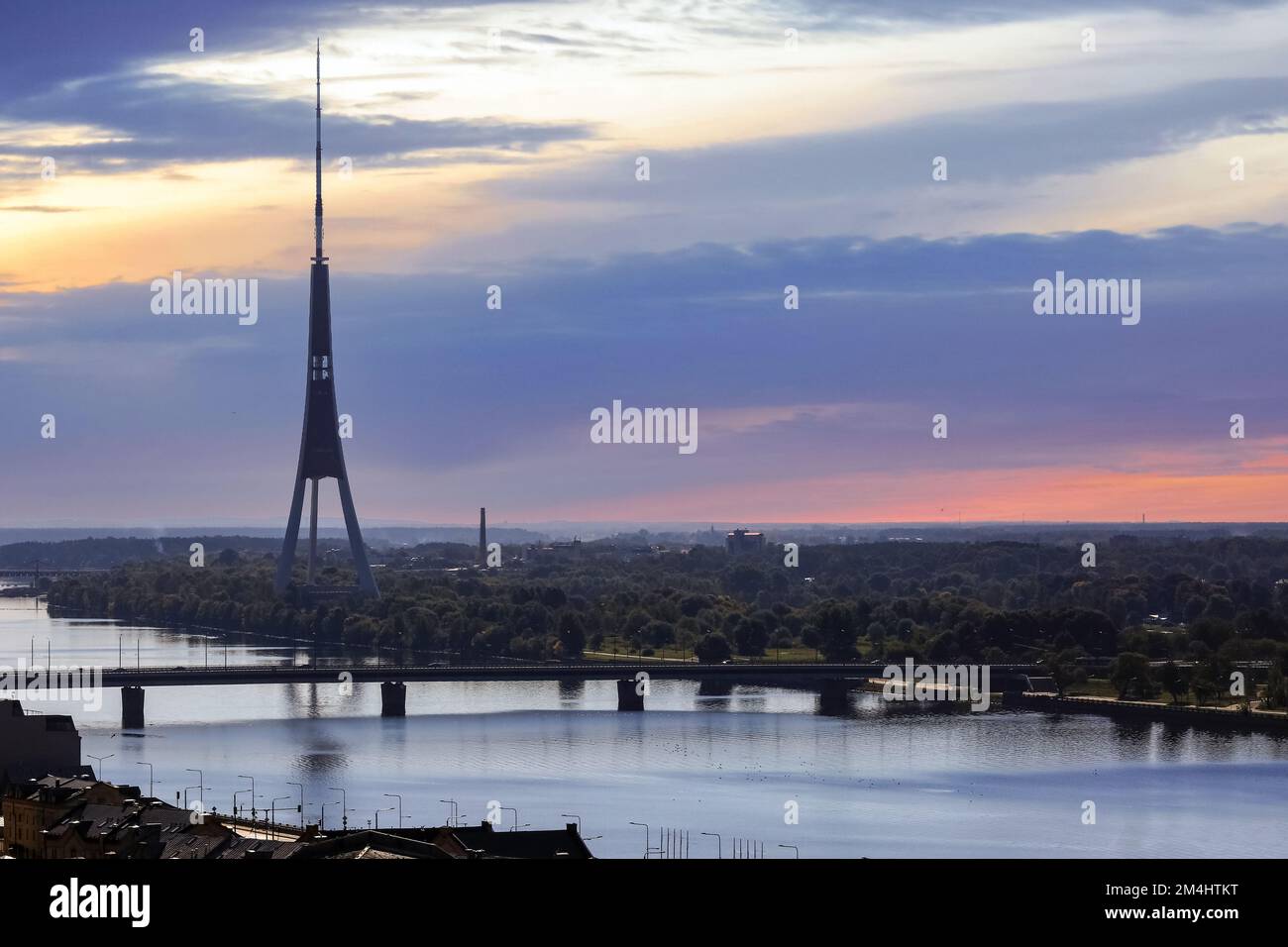 Aerial view of the river Daugava, Tv tower and historical downtown in ...