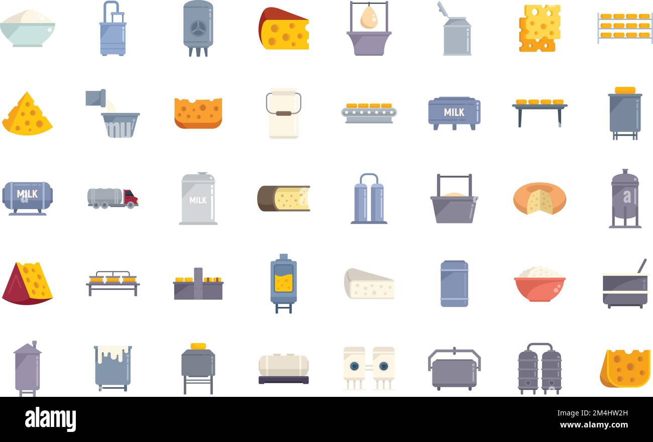 Cheese production icons set flat vector. Milk food. Making butter ...