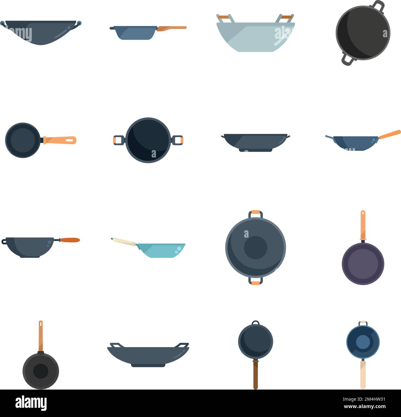 Wok Frying Pan Icons Set Flat Vector Meat Tools Kitchen Cooking