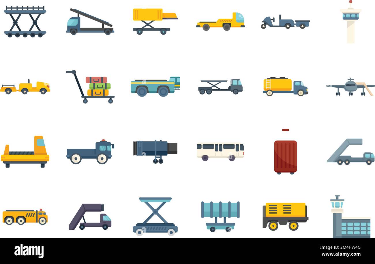 Airport ground support service icons set flat vector. Cargo aero. Tail ...