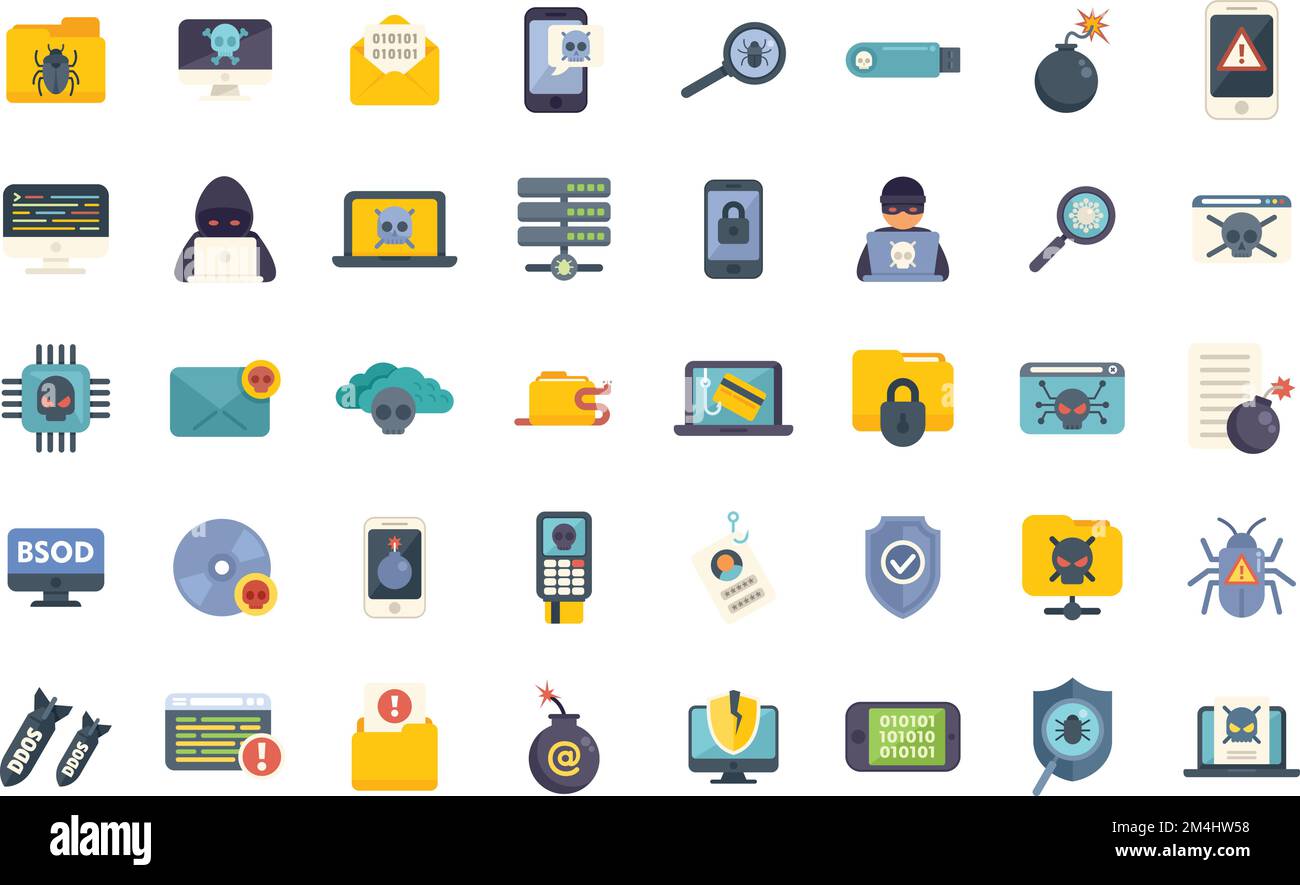 Malware icons set flat vector. Cyber attack. Risk secure isolated Stock ...