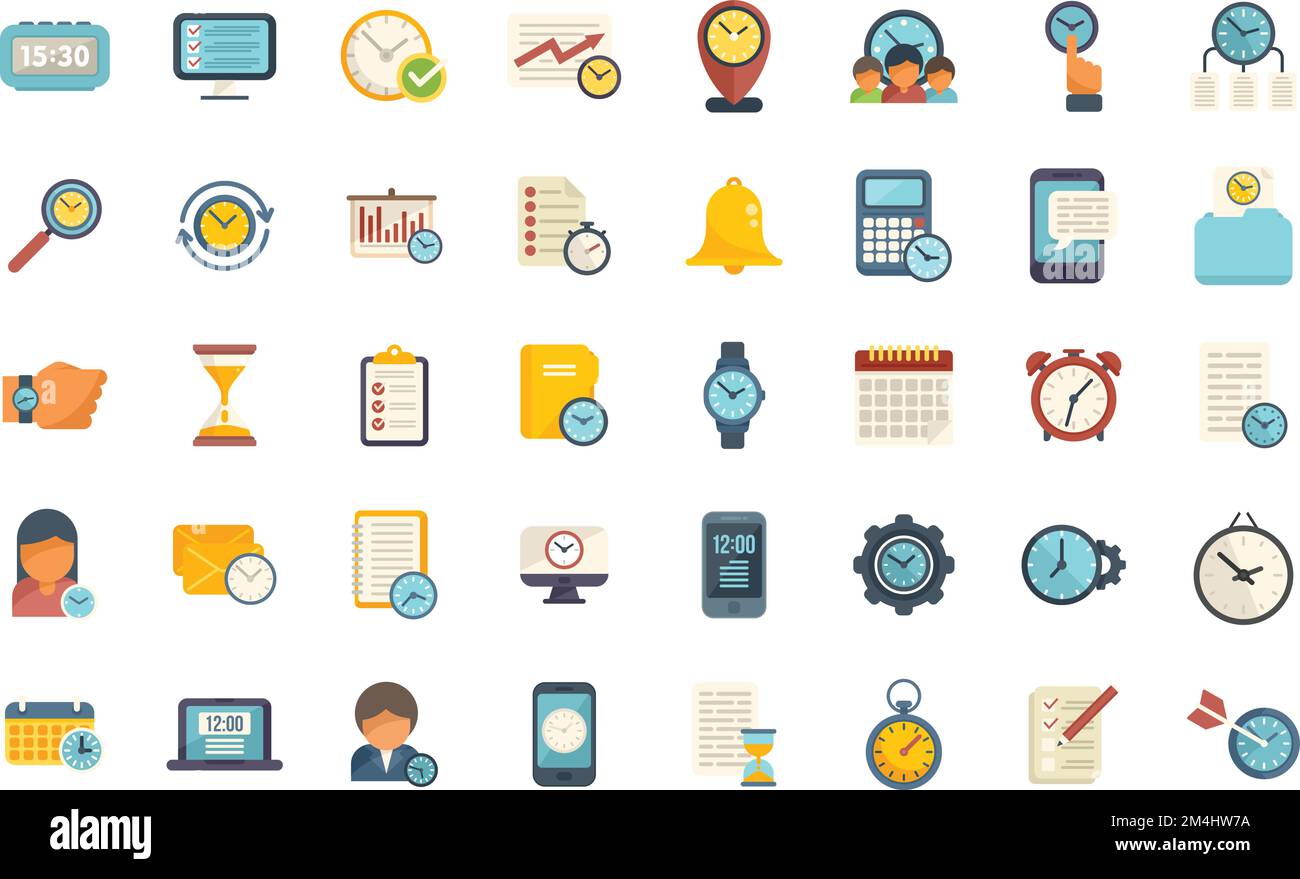 Time management icons set flat vector. Calendar hour. Alarm clock ...
