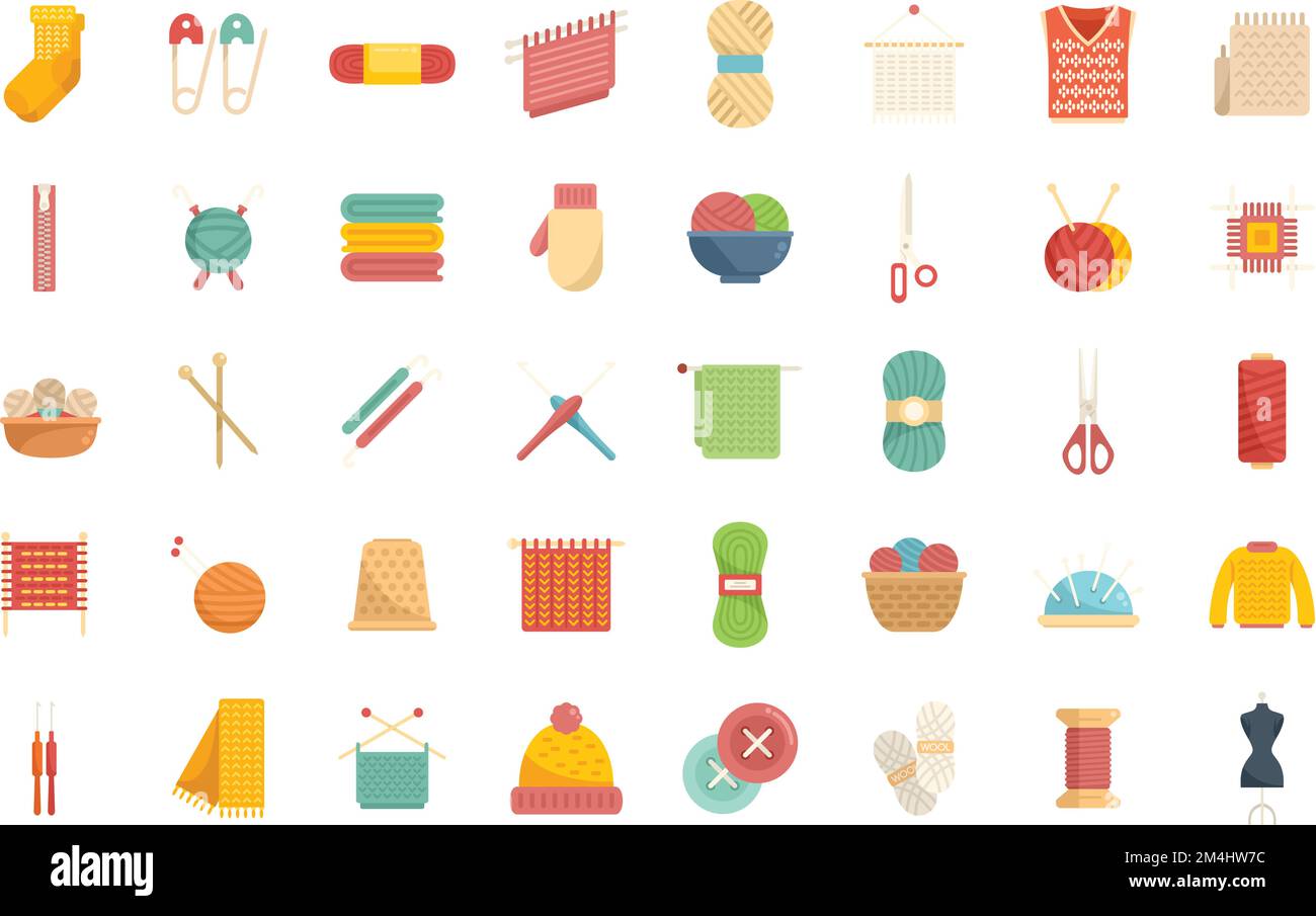 Knitting icons set flat vector. Crochet yarn. Hand made isolated Stock ...