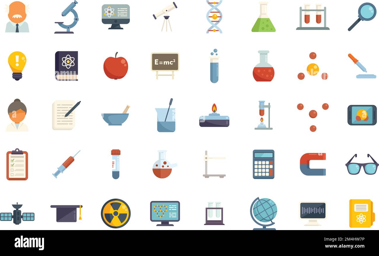 Research scientist icons set flat vector. Lab formula. Medical chemical ...