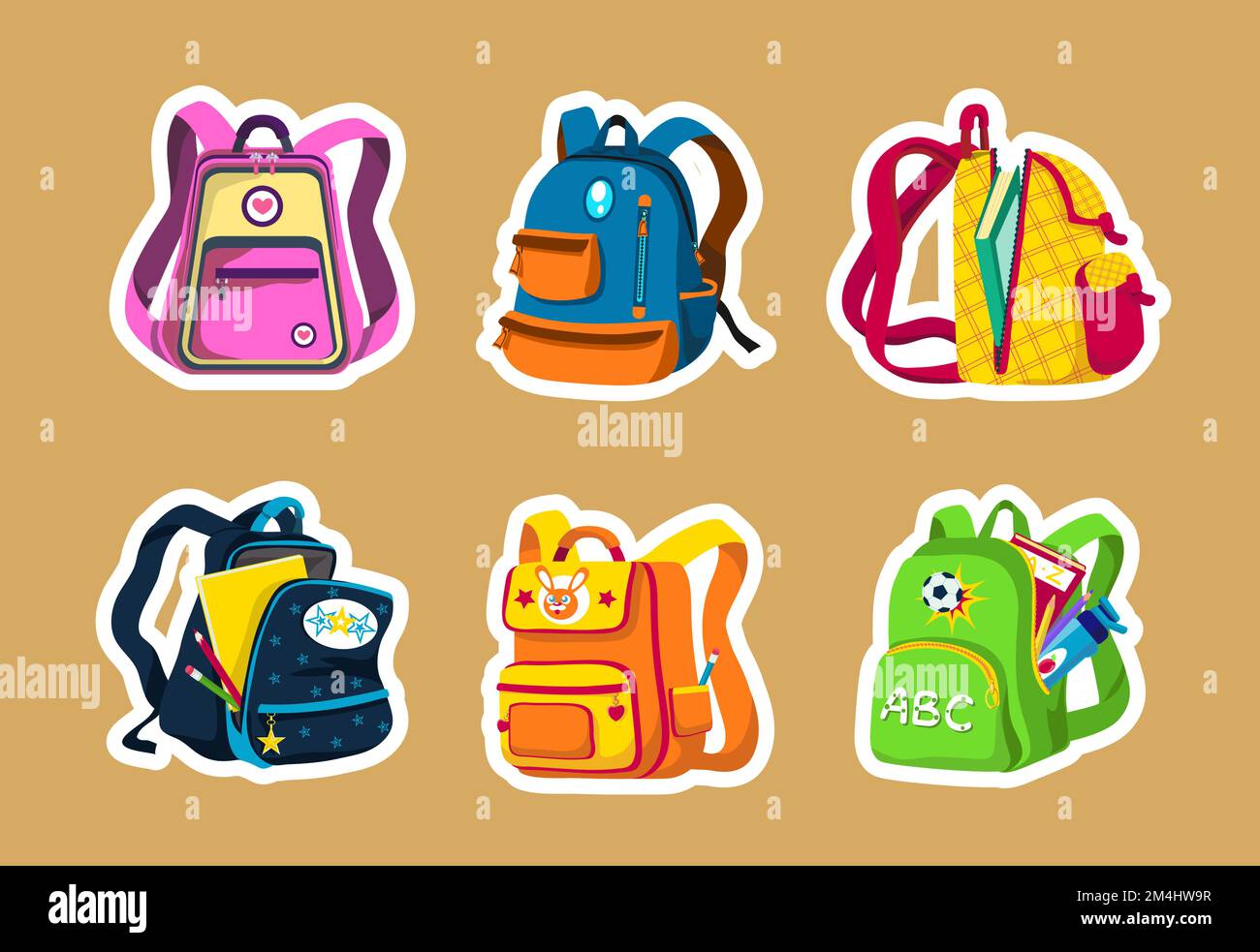 School and preschool backpacks for children, various colors and angles ...