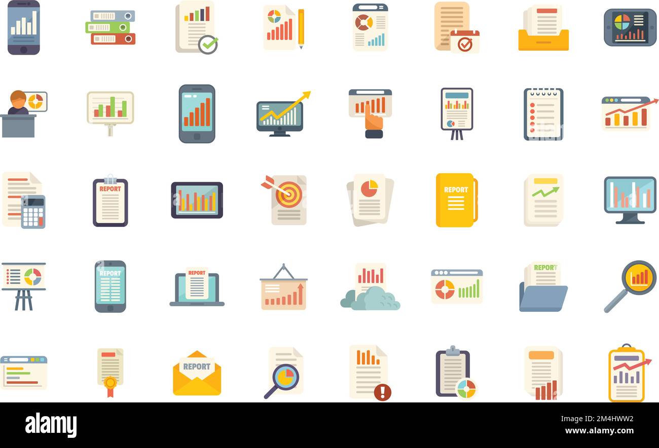 Business report icons set flat vector. File document. Invoice contract ...