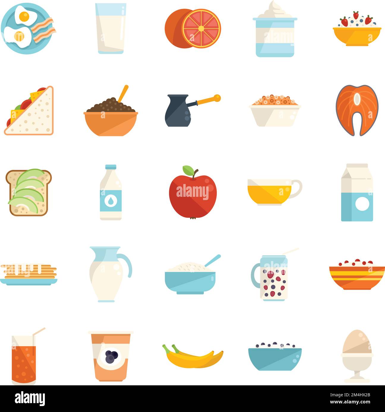 Healthy breakfast icons set flat vector. Protein food. Bread eating isolated Stock Vector Image ...