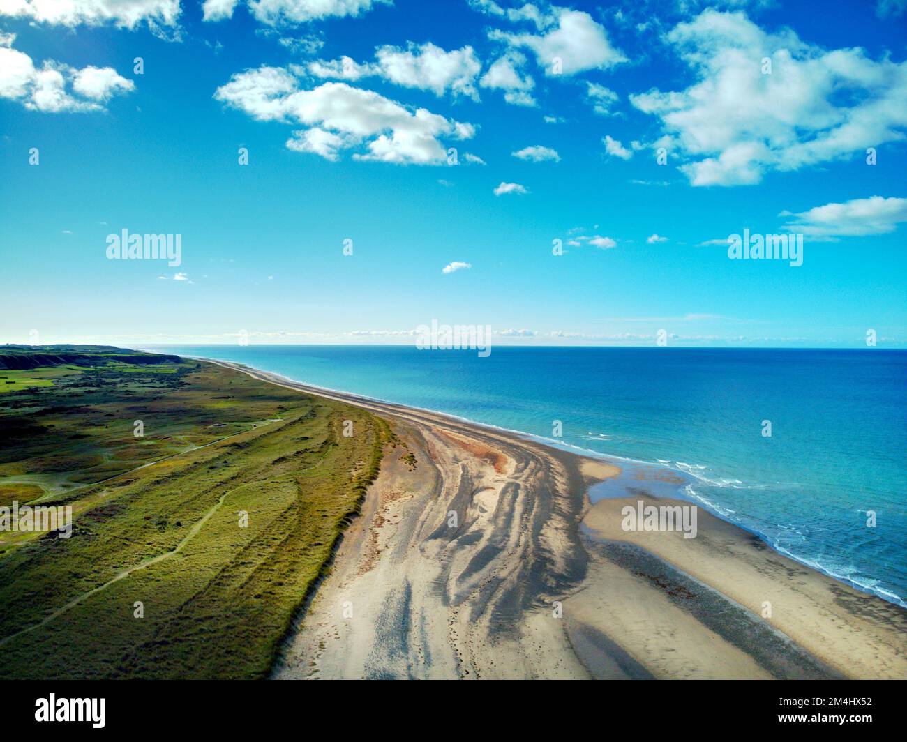 An aerial view of the beautiful Point of Ayre Beach during summer Stock ...