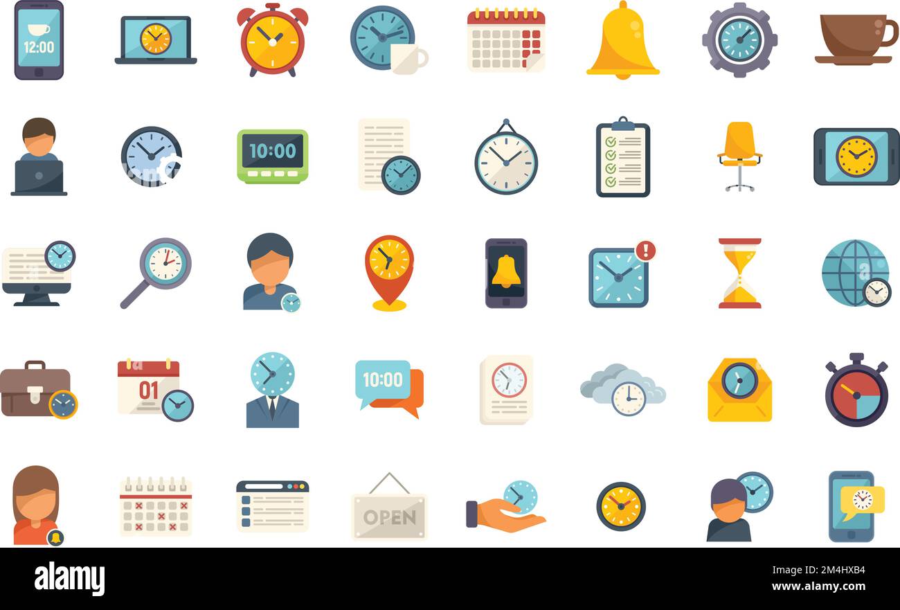 Flexible working hours icons set flat vector. Alarm clock. Work ...