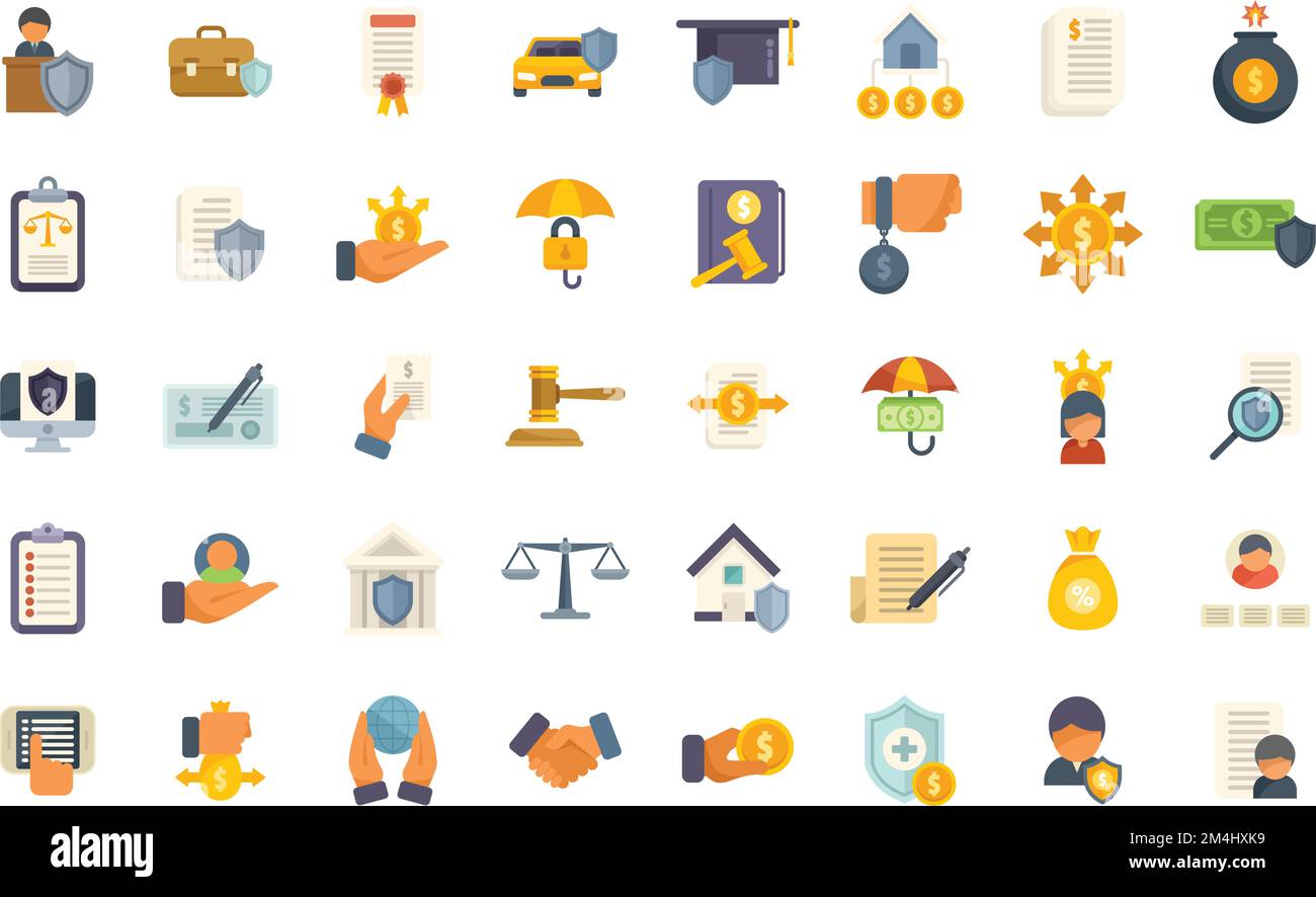 Liability icons set flat vector. Longevity annuity. Bill agreement ...