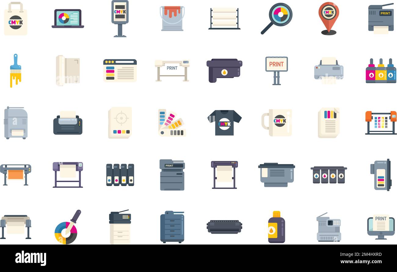 Digital Printing Icons Set Flat Vector. Computer Printer. Paper Digital