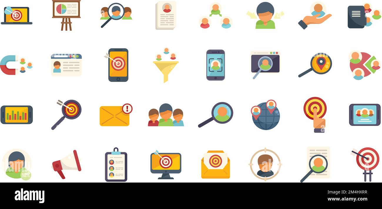 Target audience icons set flat vector. Media service. Digital product ...