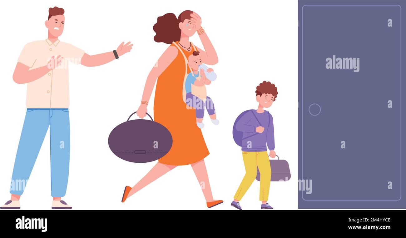 Woman going out from home after fight with husband isolated on white ...