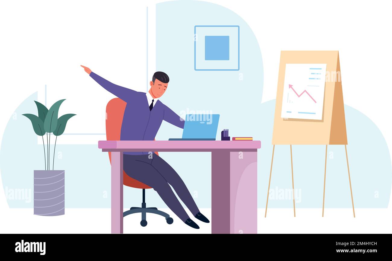 Man stretching at computer desk. Healthy workout break isolated on ...