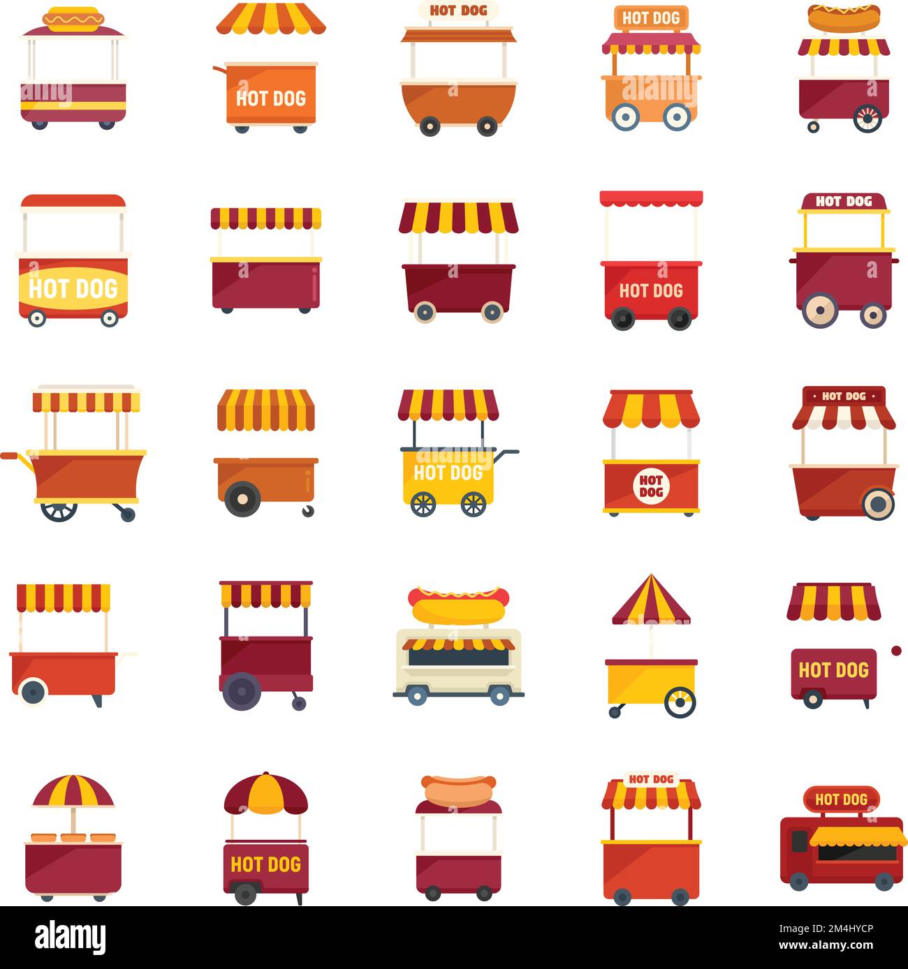 Hot dog cart icons set flat vector. Business food. Cafe carnival ...