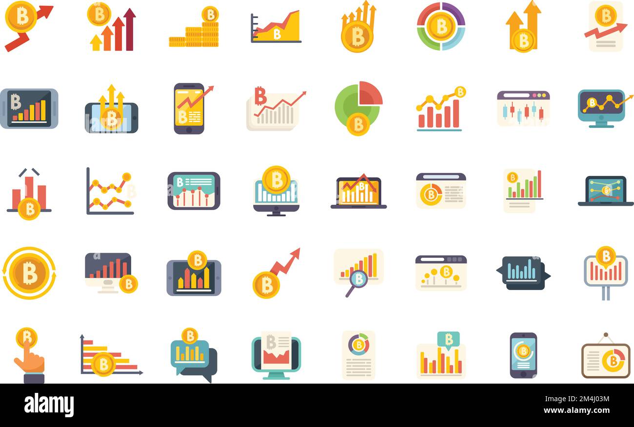 Bitcoin chart icons set flat vector. Benefit fintech. Cash coin ...