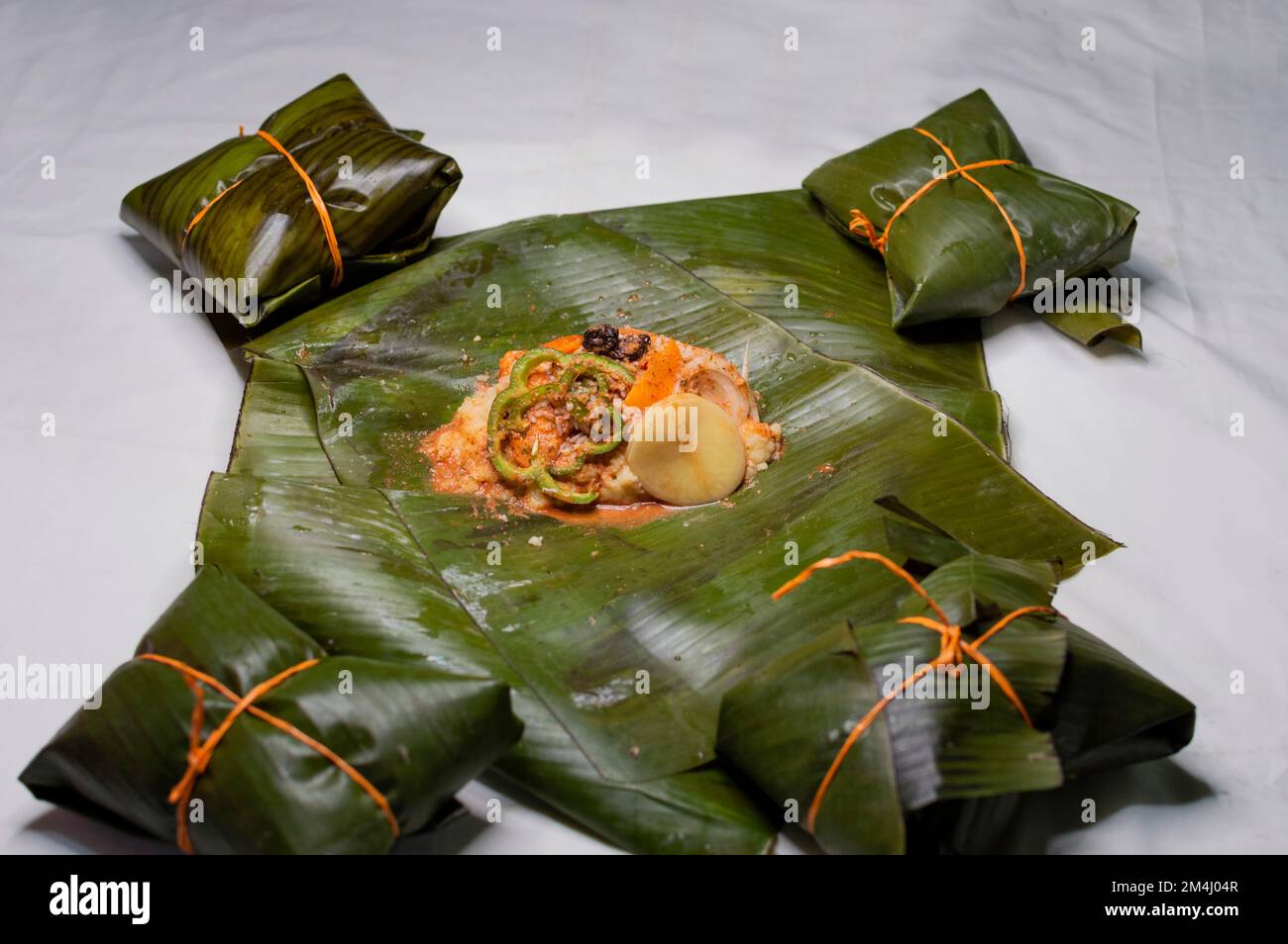 Top View of raw ingredients of the Nicaraguan nacatamal on banana ...