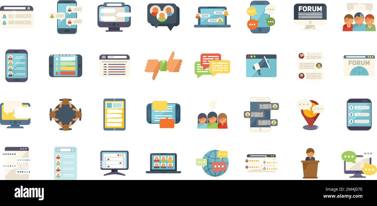 Forum icons set flat vector. Feedback dialog. Review customer isolated ...