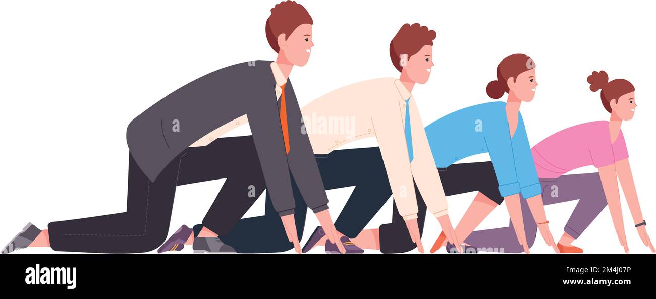 Corporate workers ready to race. Team work challenge isolated on white ...
