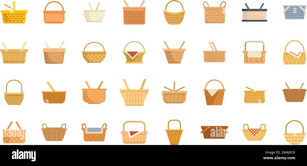 Picnic basket icons set flat vector. Fruit hamper. Food wicker isolated ...
