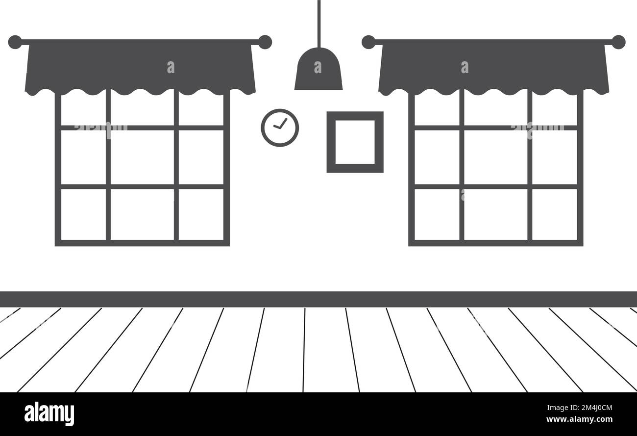 Interior black line background. Room wall with two windows isolated on ...