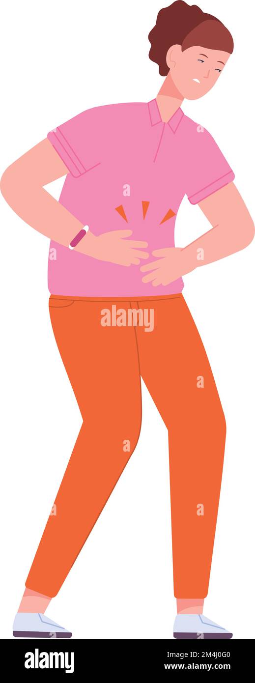Woman with abdominal pain. Person hurting from stomach ache isolated on ...
