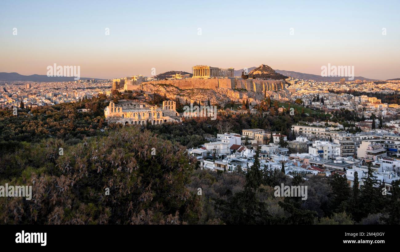 View from Philopappos Hill over the city at sunset, panorama of the ...