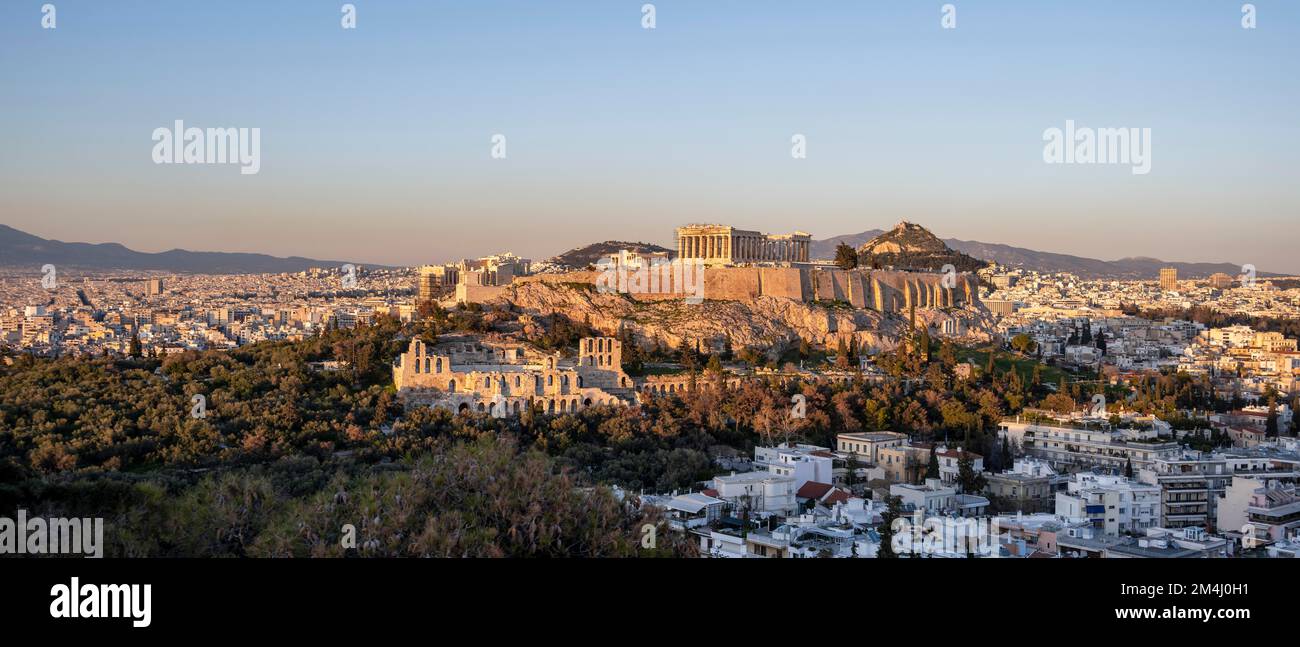 View from Philopappos Hill over the city at sunset, panorama of the ...