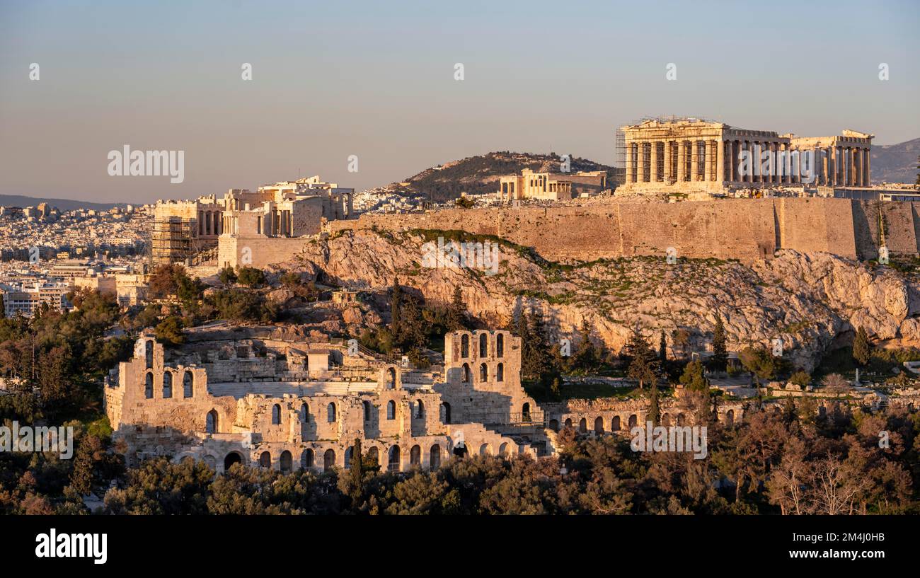 View of the Acropolis from Philopappos Hill, at sunset, Parthenon Temple and Herod's ...