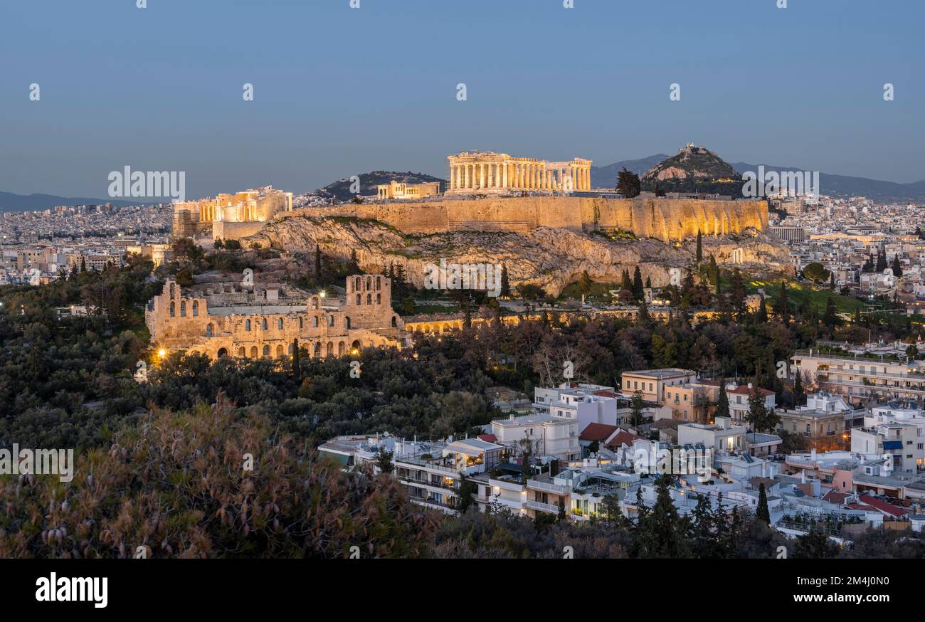 View from Philopappos Hill over the city, blue hour, panorama of the ...