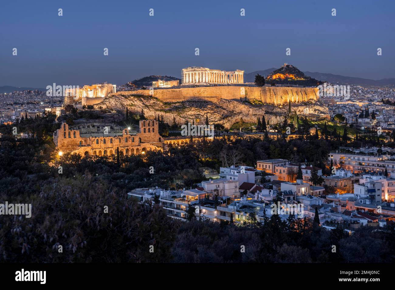 View from Philopappos Hill over the city, blue hour, panorama of the illuminated Parthenon ...