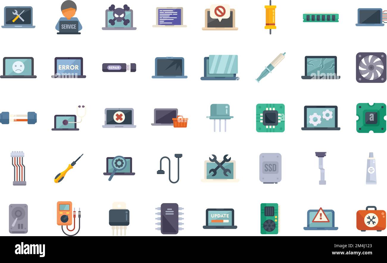 Laptop repair icons set flat vector. Repair computer. Broken support ...