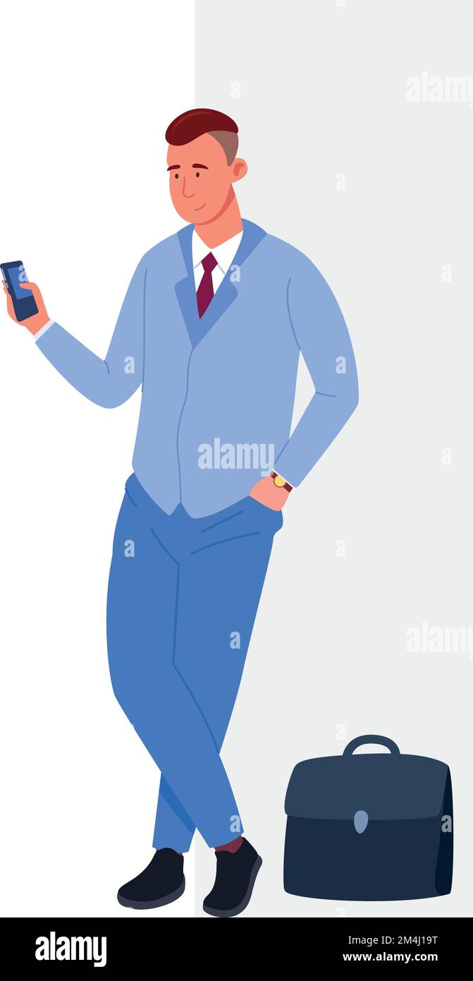 Businessman holding smartphone. Man in suit wait for meeting isolated ...