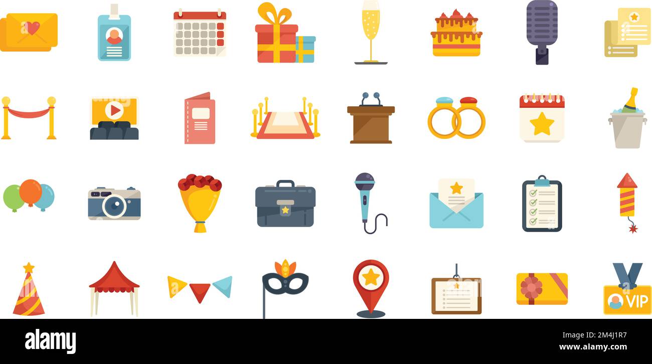 Event management icons set flat vector. Conference participant. Invite sponsorship isolated ...
