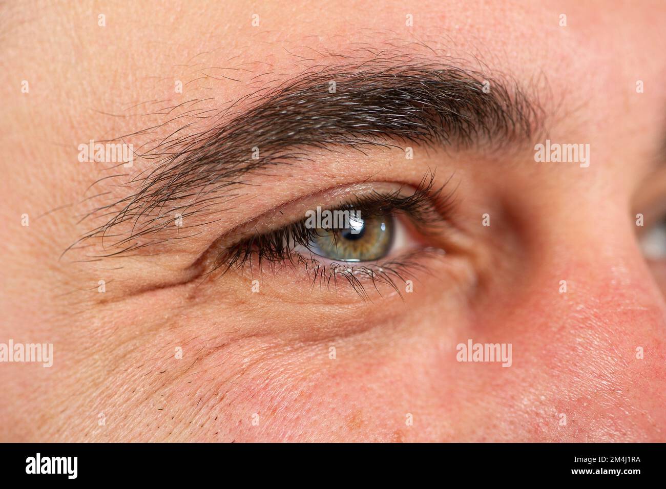 Macro of a man's eye with wrinkles and crow's feet, signs of aging on ...
