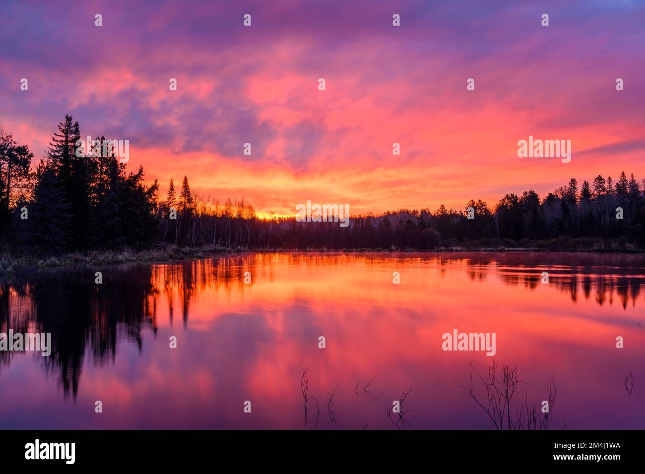 Pre-dawn reflections in a beaver pond in early spring, Greater Sudbury ...