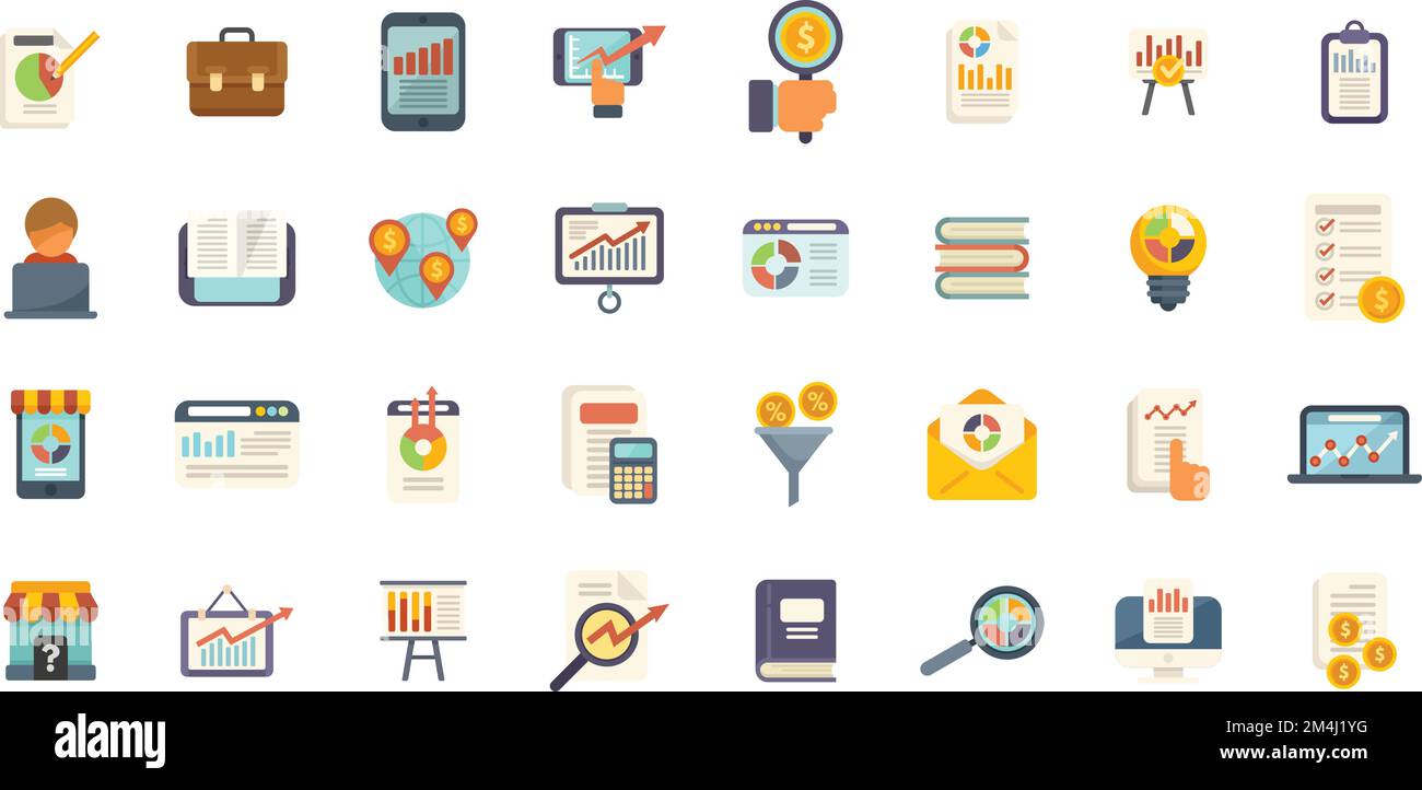 Market studies icons set flat vector. Economic analysis. Balance buget ...