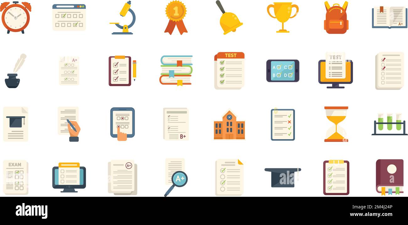 School test icons set flat vector. Online learn. Quiz education ...
