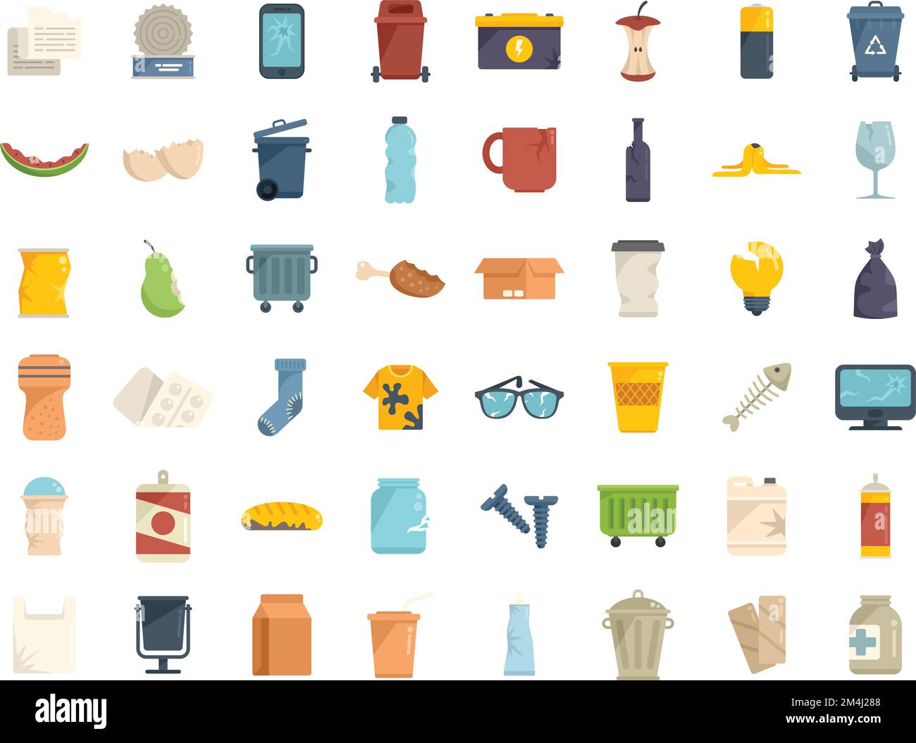 Waste icons set flat vector. Garbage food. Fresh plastic isolated Stock ... Waste icons set flat vector. Garbage food. Fresh plastic isolated Stock ...
