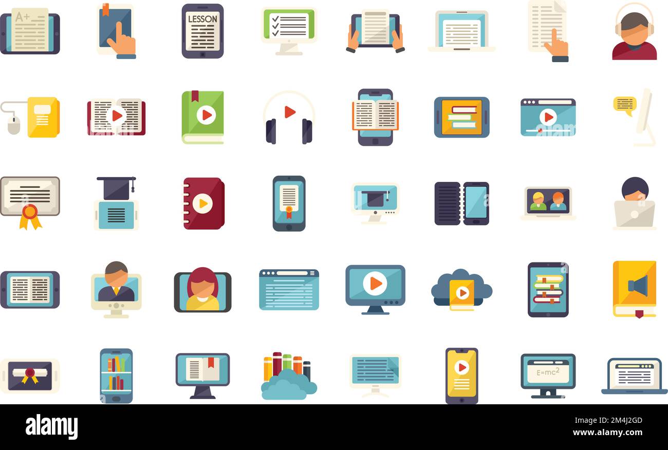 Online training icons set flat vector. Distance course. Class education ...