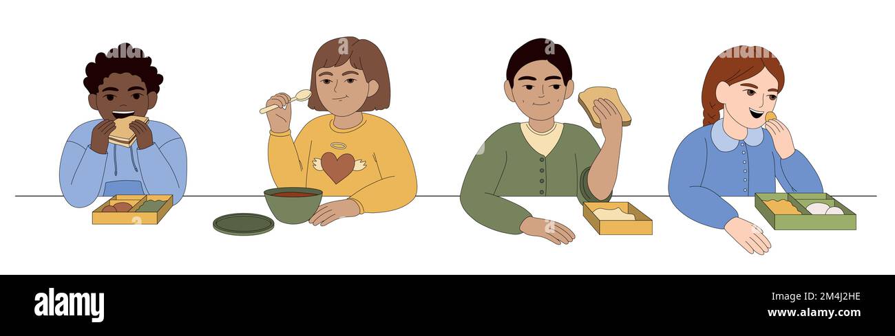 Flat children eat food, snacks from container boxes in preschool or ...