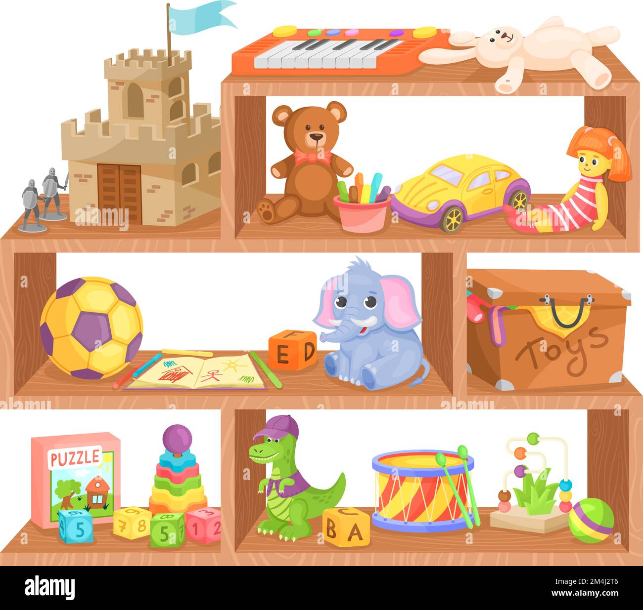 Child toys on wooden shelves. Kid play store isolated on white ...