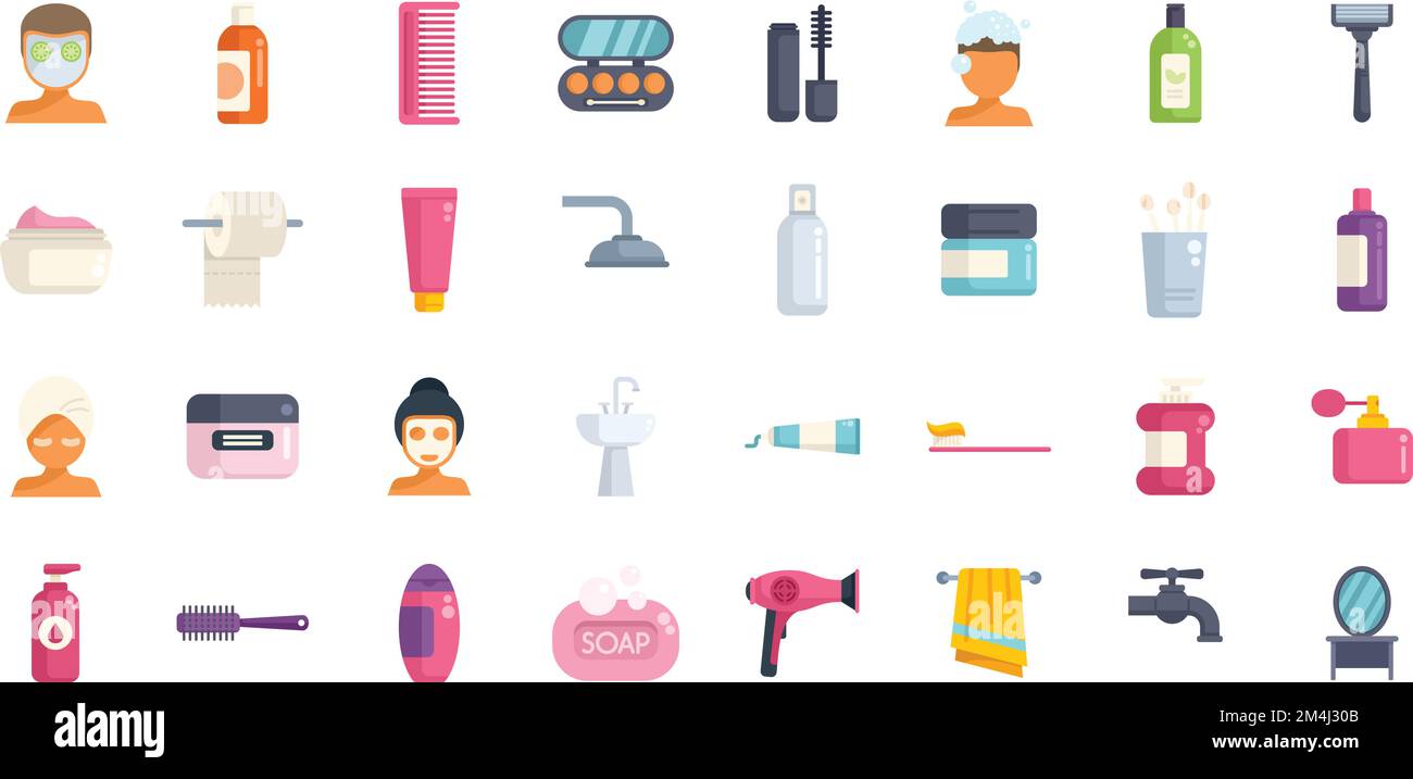 Morning treatments icons set flat vector. Care shave. Face skin ...