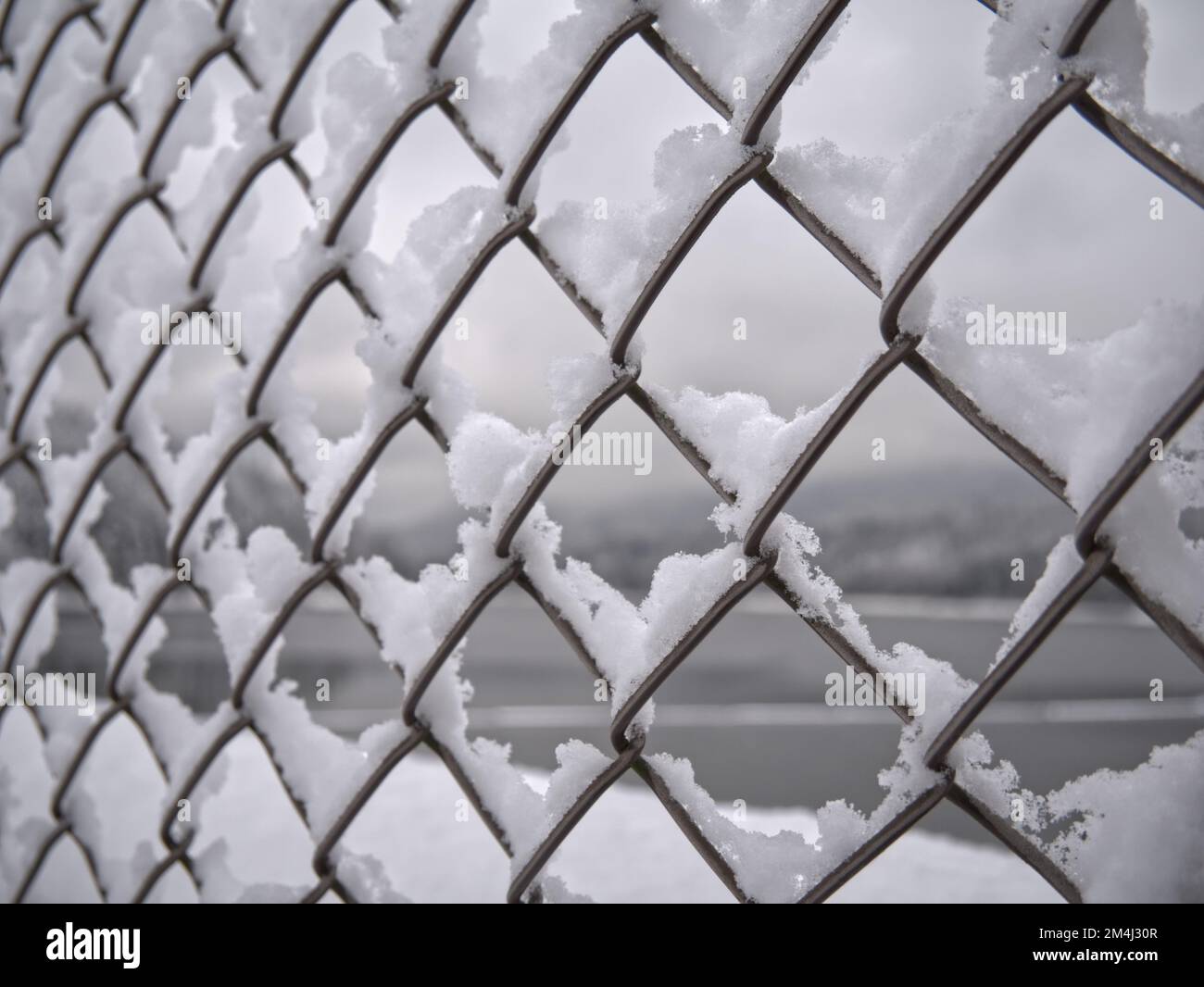 Snow-covered wire fence of the Cleveland Dam at the Capilano River ...