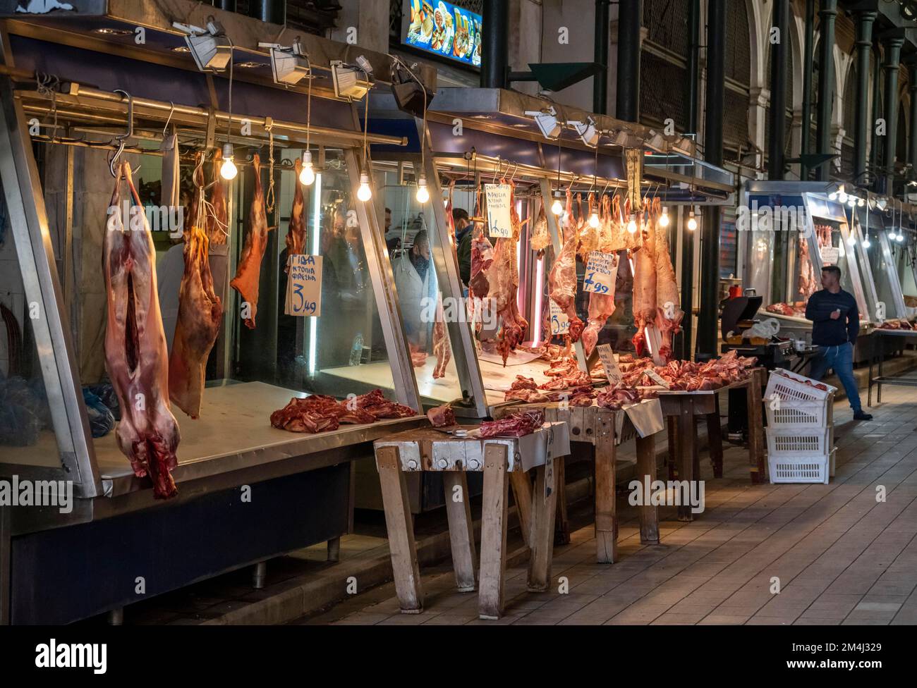 Raw meat at a stall, butcher's shop, central market, Athens, Greece ...