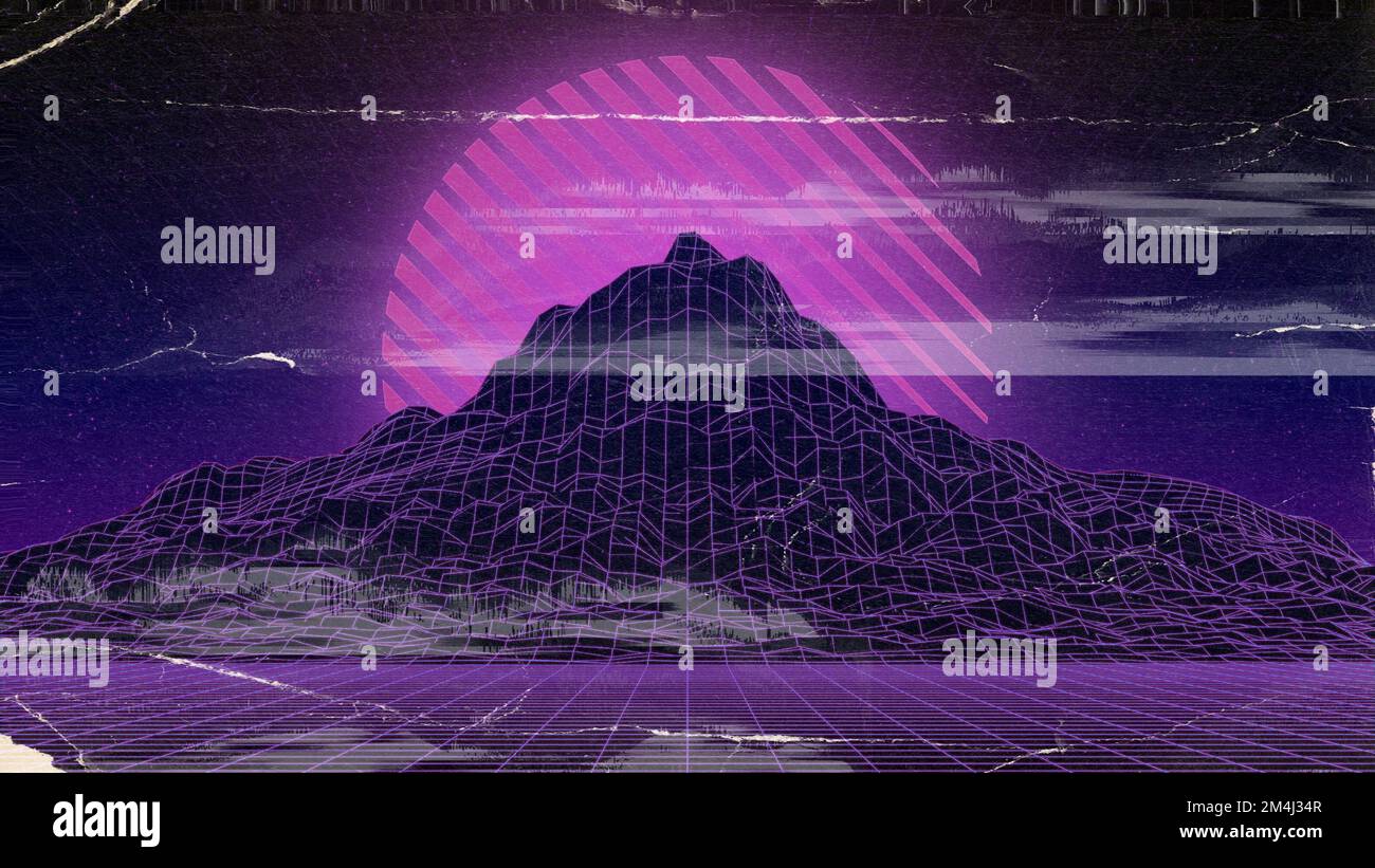 Synthwave retro geometric wallpaper with the effect of a worn postcard ...